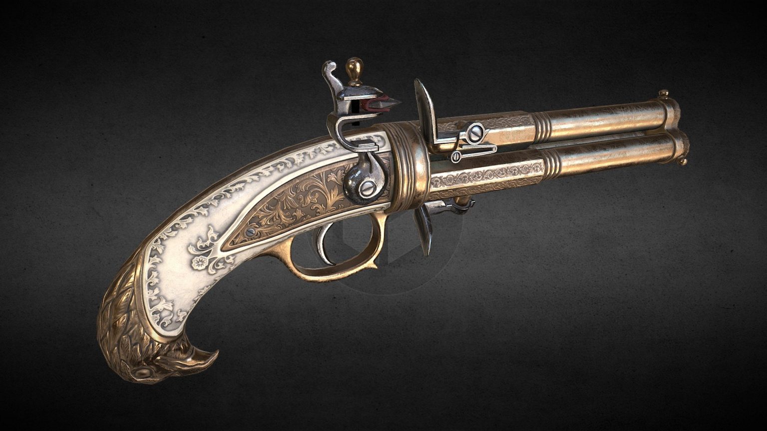 "Golden Eagle" Triple-Barreled Flintlock Pistol - deep3dsea