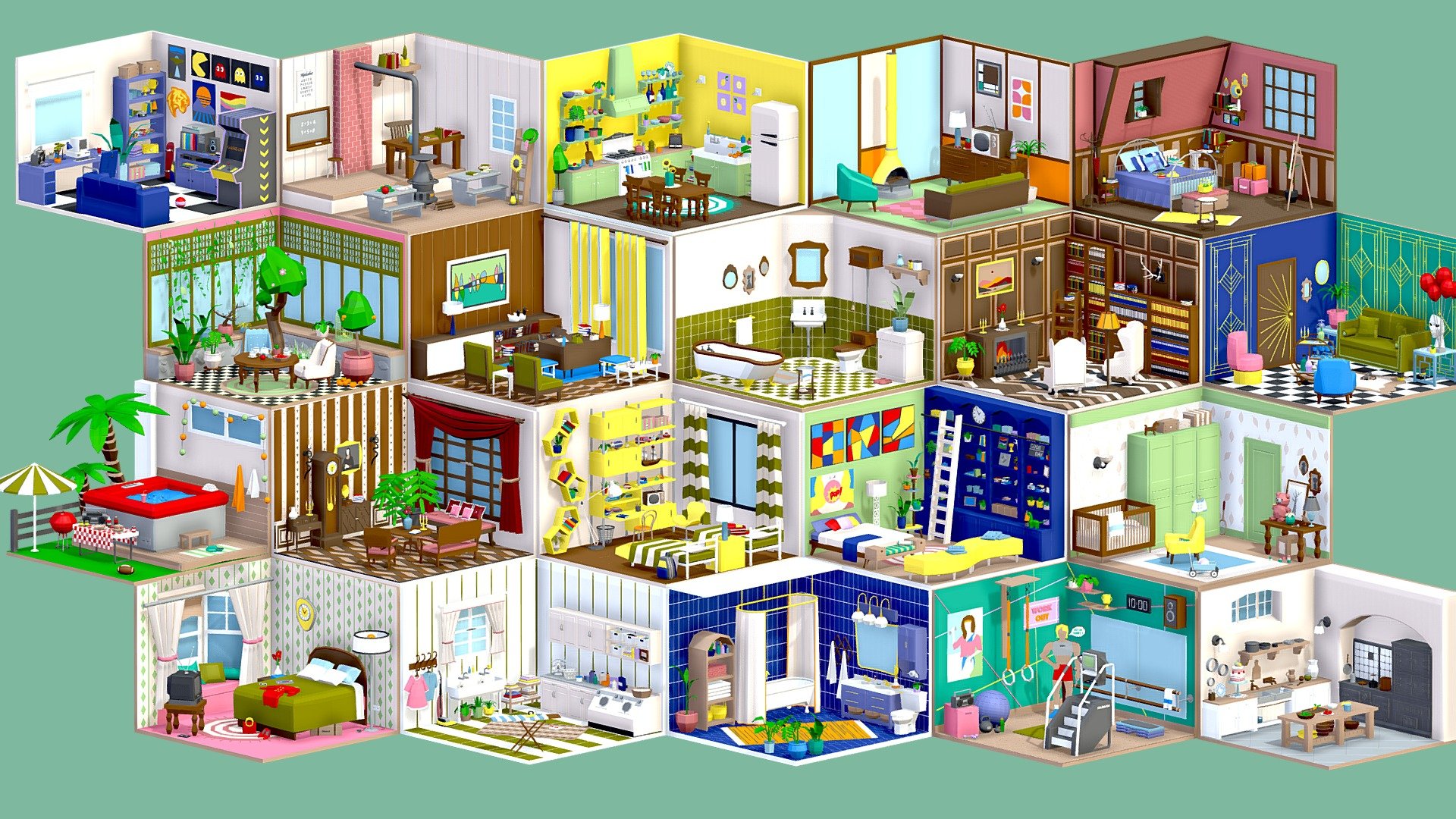 Low Poly Retro Vintage Rooms Interiors - deep3dsea